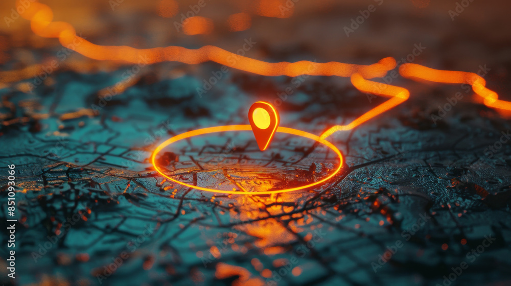3D render of a glowing location pin on a map with a path, and an orange ...