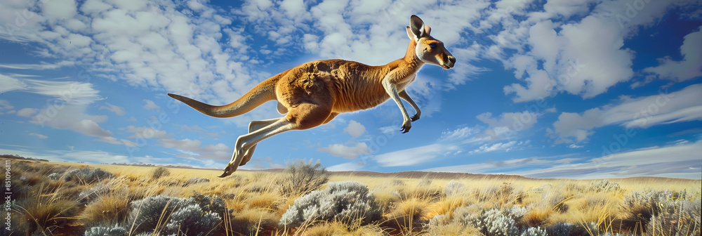 Dynamic Mid-Air Leap of a Powerful Kangaroo against the Scenic ...