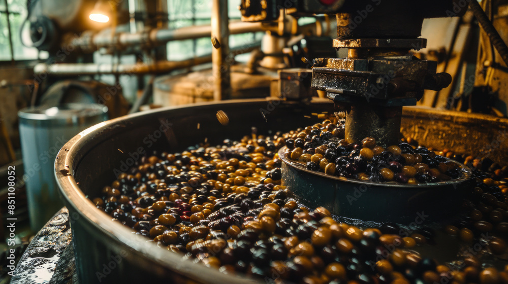 The process of pressing olives to extract oil in an old mill. Olives ...