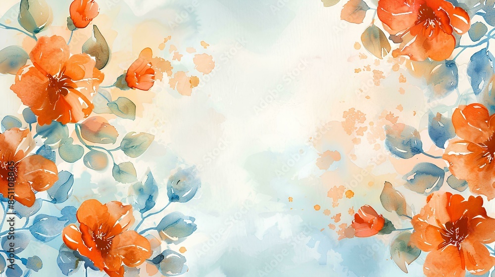 Beautiful orange and blue watercolor floral background with copy space ...