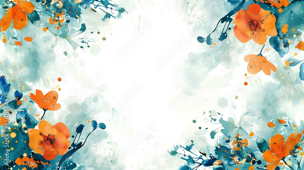 Beautiful orange and blue watercolor floral background with copy space ...