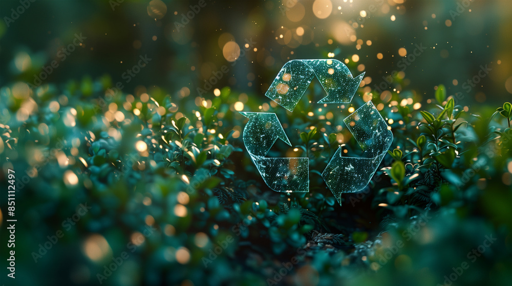 3d recycling logo design on a green leafy background Stock Photo ...