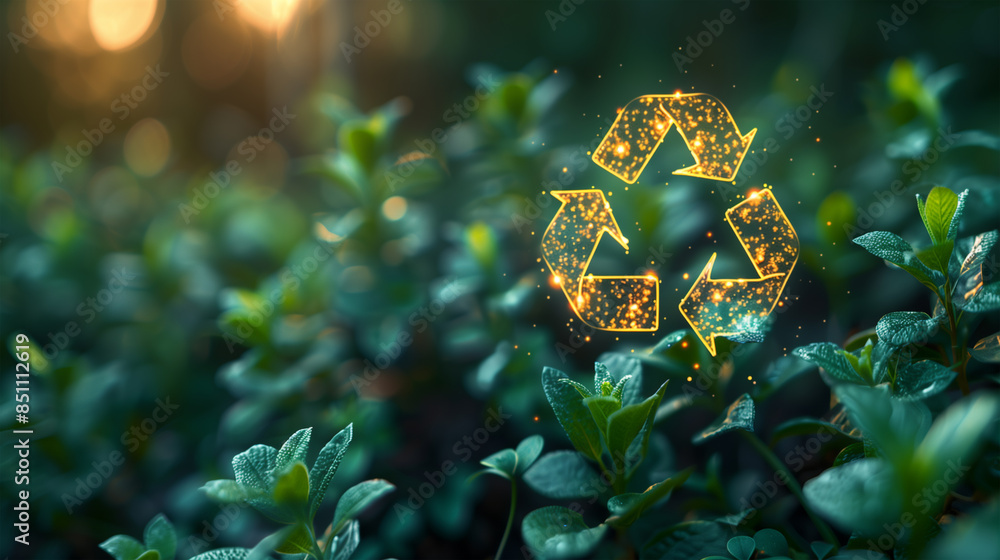 hape of a recycling sign in the middle of untouched nature. An ...