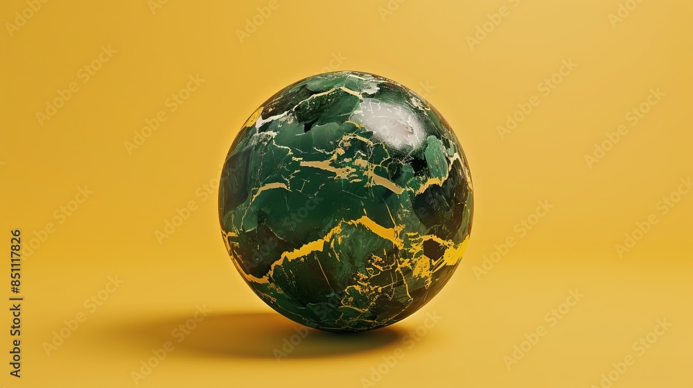 Marble stone rock sphere with gold and green colors on a solid yellow ...