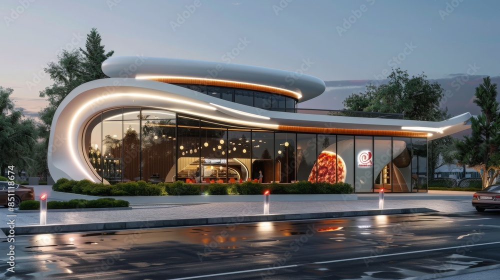 This image shows the exterior of a modern pizza restaurant at dusk. The ...