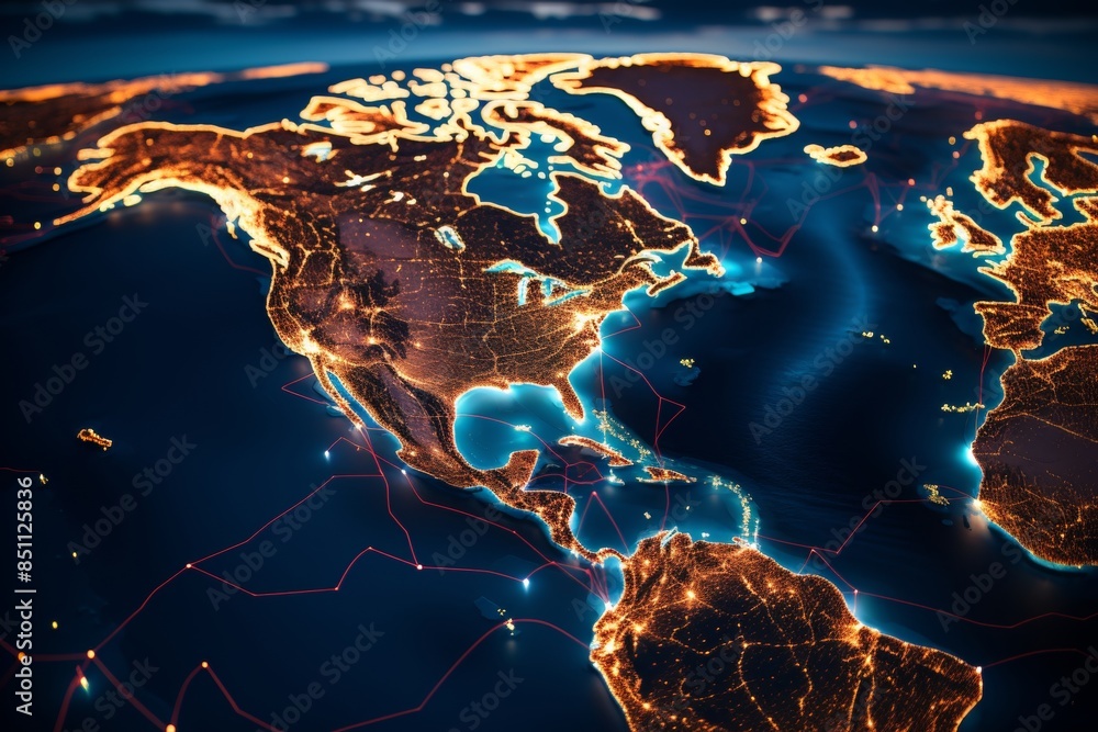 The image shows an abstract world map with North and South America ...
