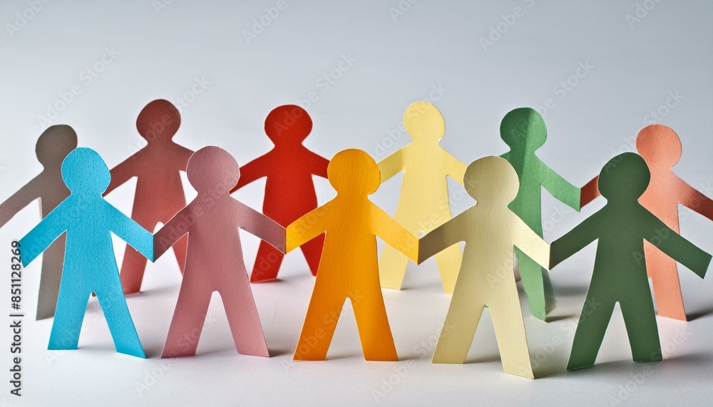 team of people holding hands, teamwork, colored paper people on white ...