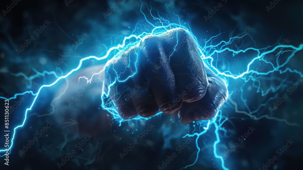 a clenched fist enveloped by electric blue lightning, powerful and ...