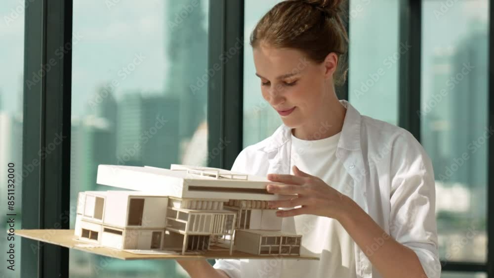 Smart happy beautiful manager check house model by turning left side ...