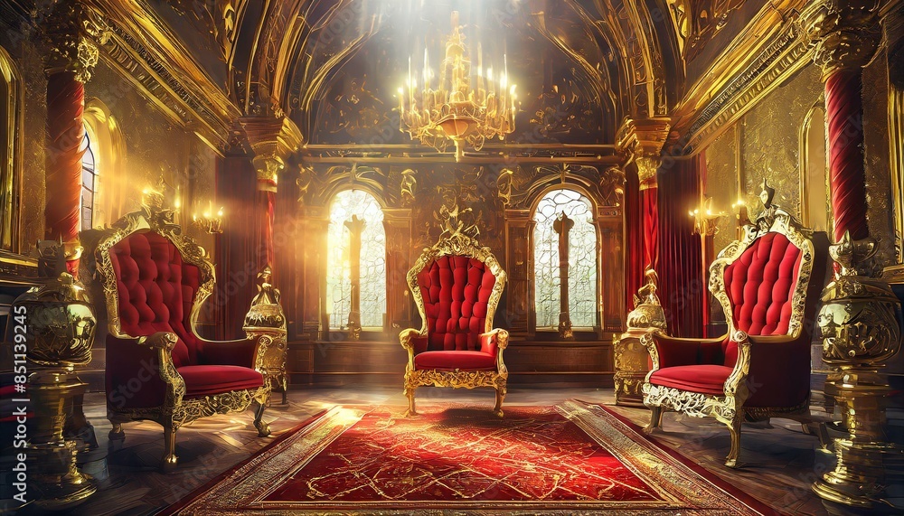 A realistic fantasy interior of the royal palace. throne room. golden ...
