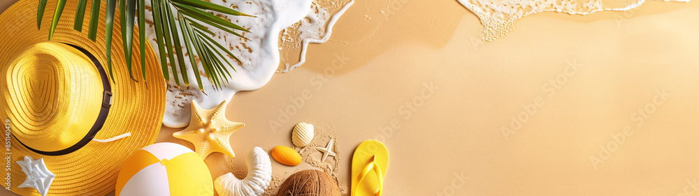 Sand beach background banner design, summer yellow hat, beach ball ...