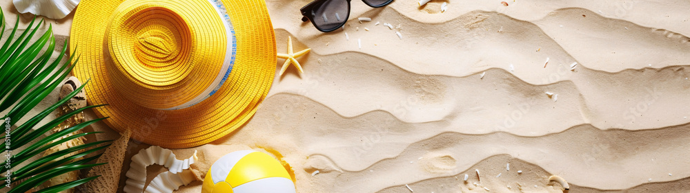 Sand beach background banner design, summer yellow hat, beach ball ...