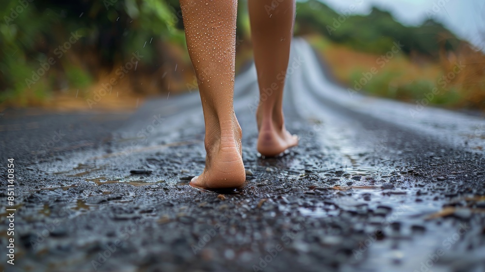 A close-up of a young woman's feet walking down the street alone ...