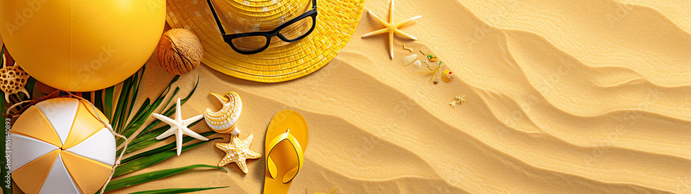 Sand beach background banner design, summer yellow hat, beach ball ...