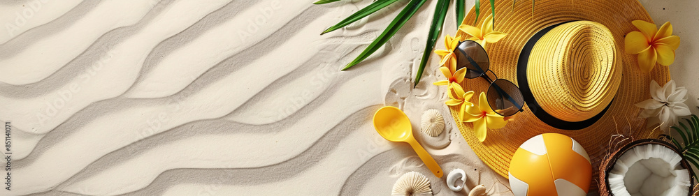 Sand beach background banner design, summer yellow hat, beach ball ...