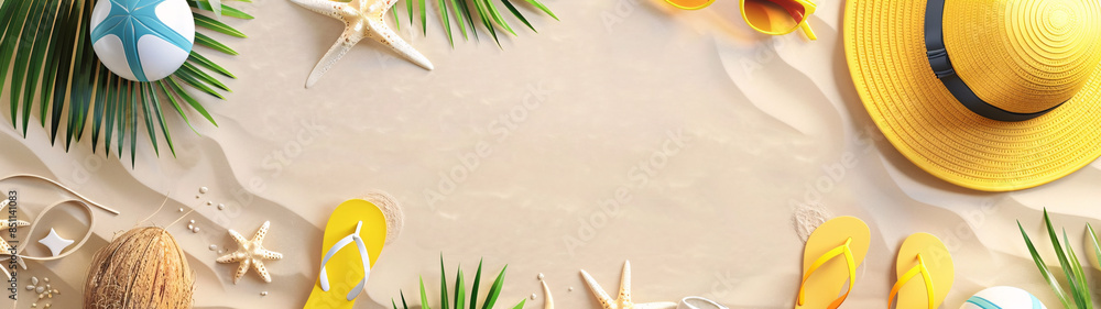 Sand beach background banner design, summer yellow hat, beach ball ...