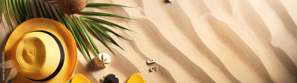 Sand beach background banner design, summer yellow hat, beach ball ...