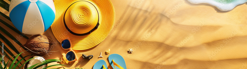 Sand beach background banner design, summer yellow hat, beach ball ...