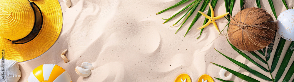 Sand beach background banner design, summer yellow hat, beach ball ...