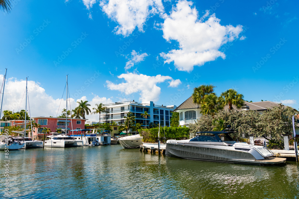 Destination point. Harbor with yacht at seaside summer destination ...