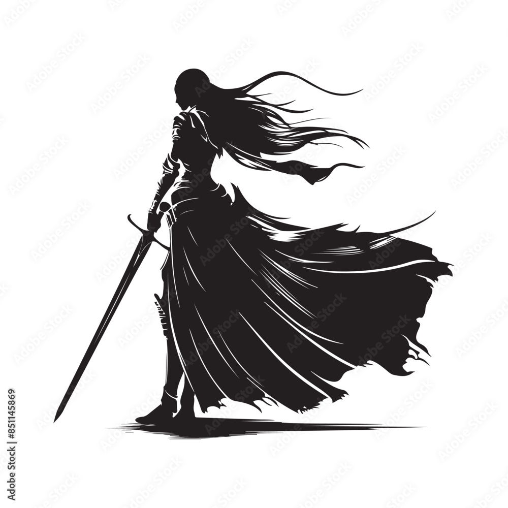 Female Warrior Silhouette vector. Beautiful woman medieval warrior ...