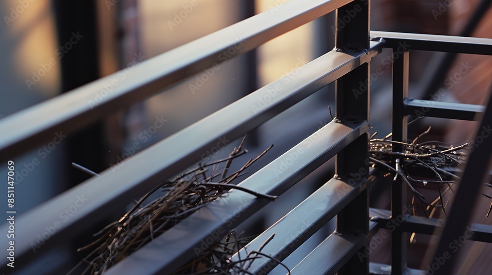 Fire escape railing with birds' nest, close-up, morning sunlight, sleek ...