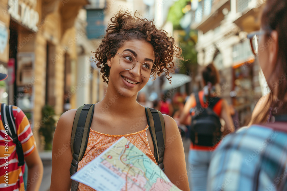 Tourist asking directions with his city map during a vacation trip ...