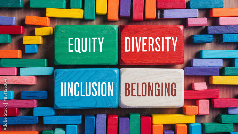 Equity, Diversity, Inclusion, and Belonging Concept with Colorful Wooden Blocks on a Solid Brown ...