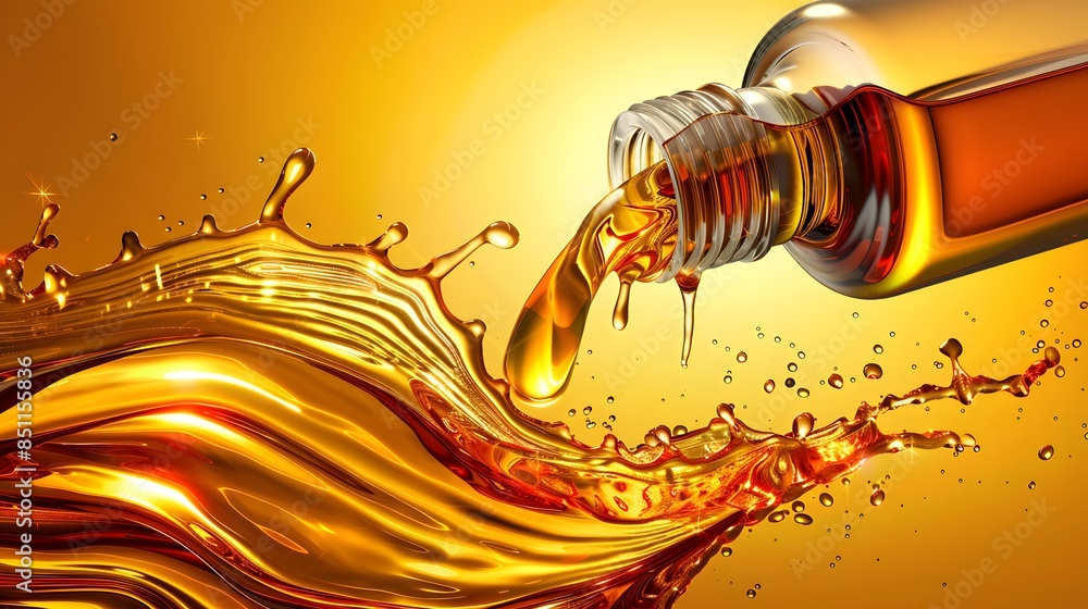 Engine synthetic or mineral oil, car lubricant spilling with splash ...