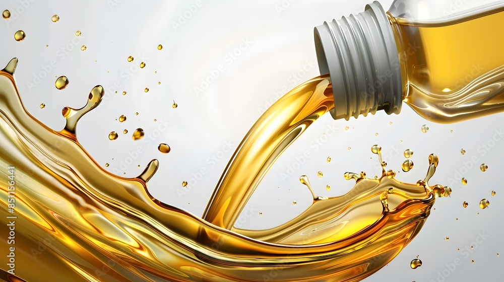 Engine synthetic or mineral oil, car lubricant spilling with splash ...