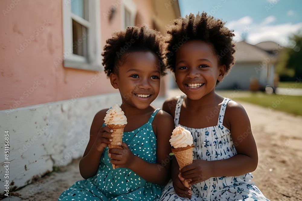 Two happy dark skinned children eating ice cream Summer, vacation ...