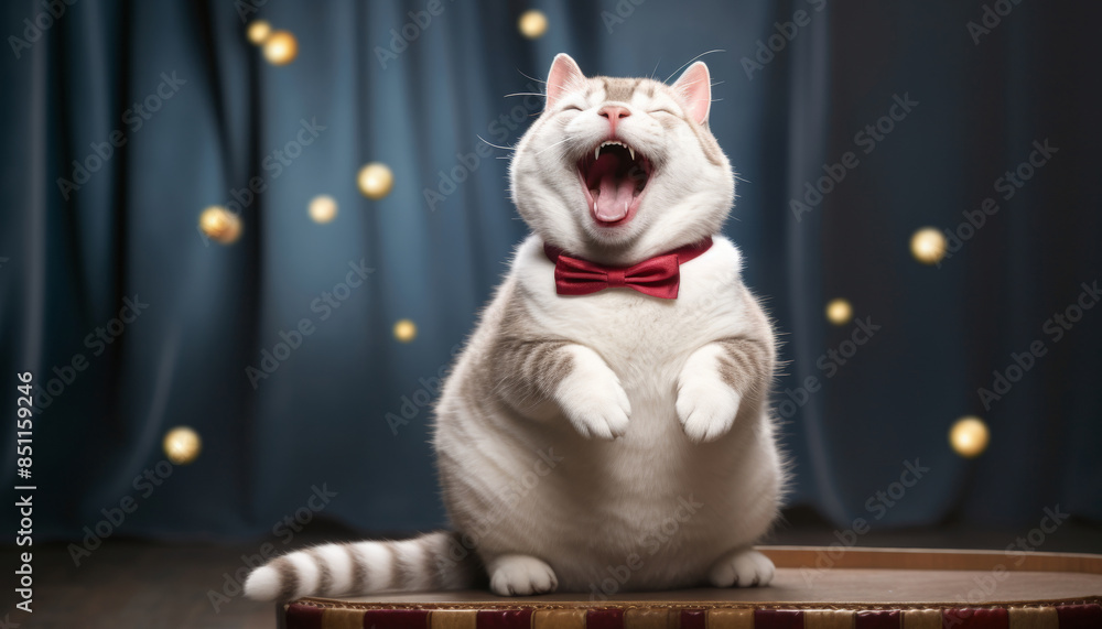 Happy cute chubby fluffy light grey white tabby munchkin or persian ...