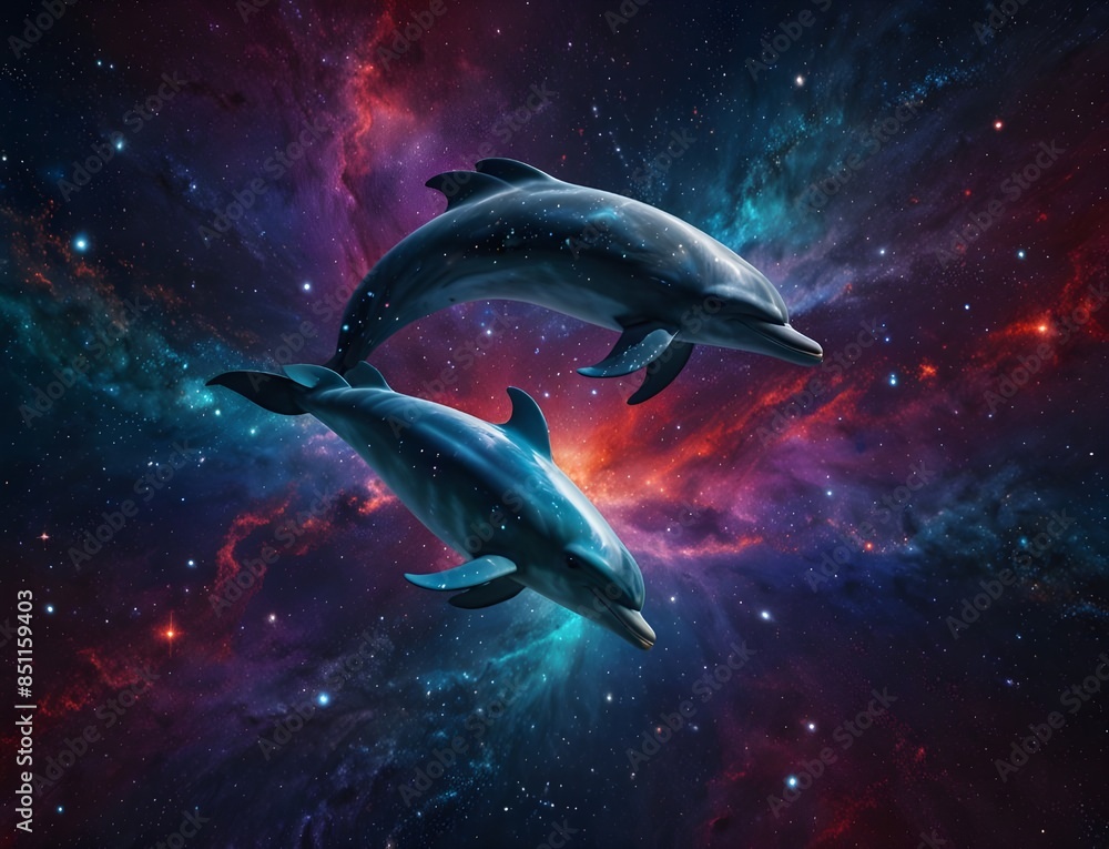Two dolphins are swimming in a cosmic ocean filled with stars. The ...