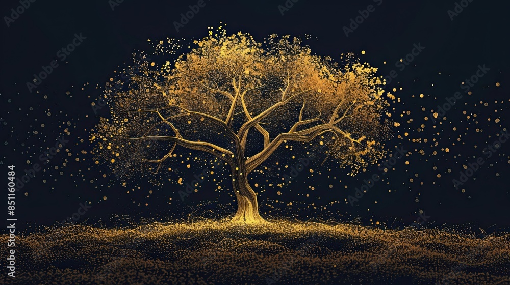 Golden tree illustration on dark background. Mystical forest. Stock ...