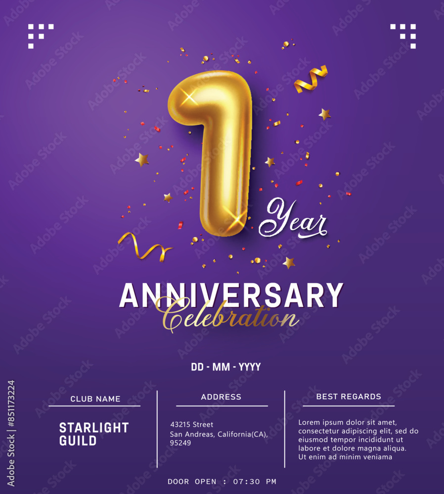 Anniversary invitation card vector template design. 1st year ...