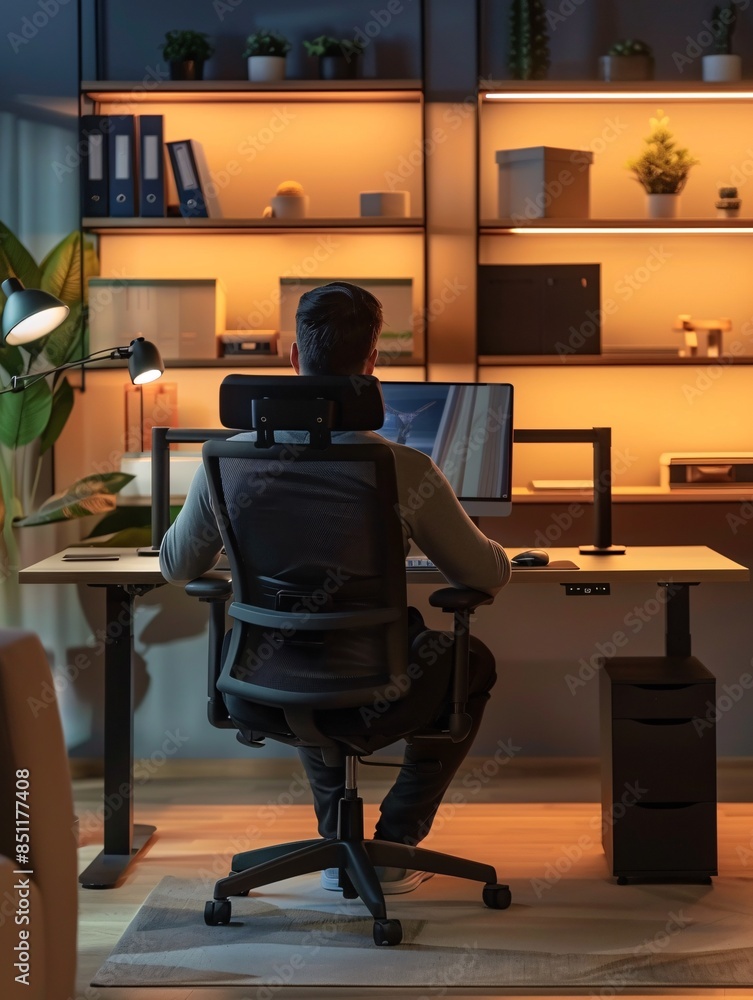 An office worker adjusts their ergonomic chair and desk setup. The ...