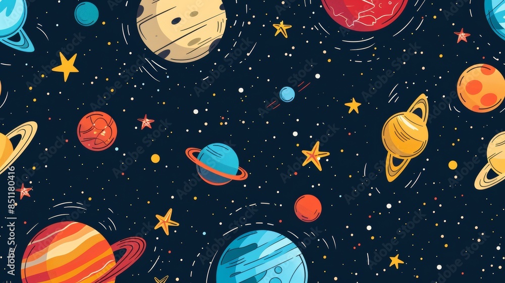 Seamless background with flat illustration of outer space, including ...