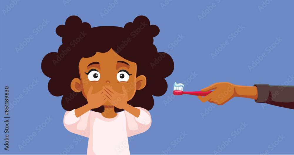 Unhappy Girl Refusing to Brush Teeth Vector Cartoon. Stressed little ...