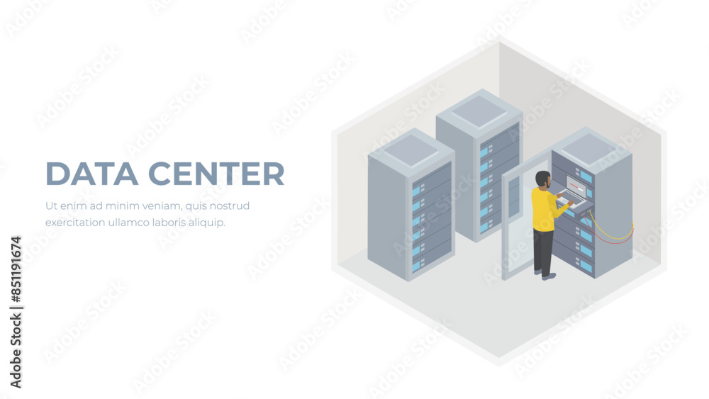 Data center or server room with server racks, technician performing ...