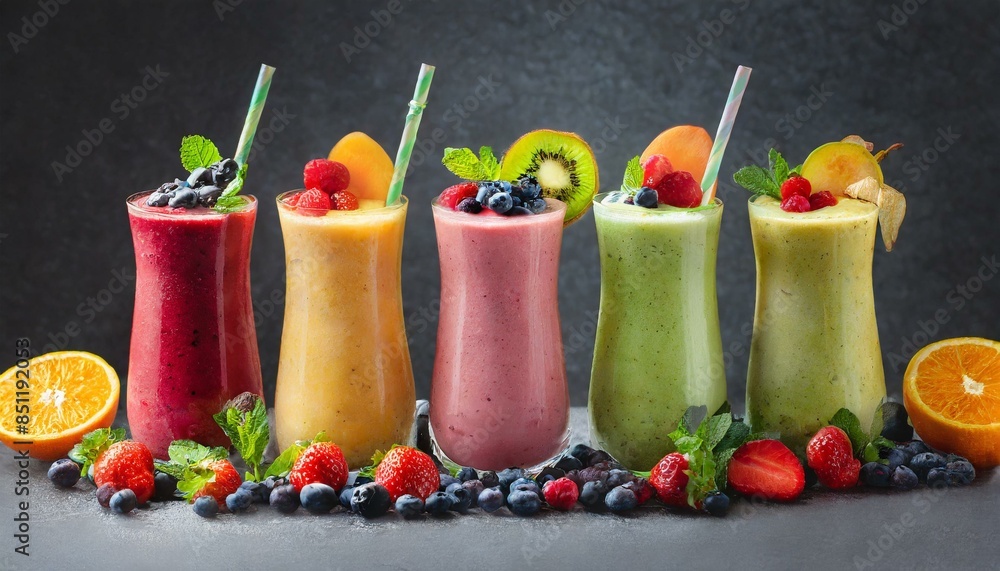 Set of classical fresh delicious smoothies decorated with fruits and ...