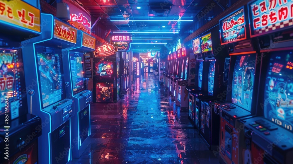 a row of arcade machines, including a blue machine, a red sign, and ...