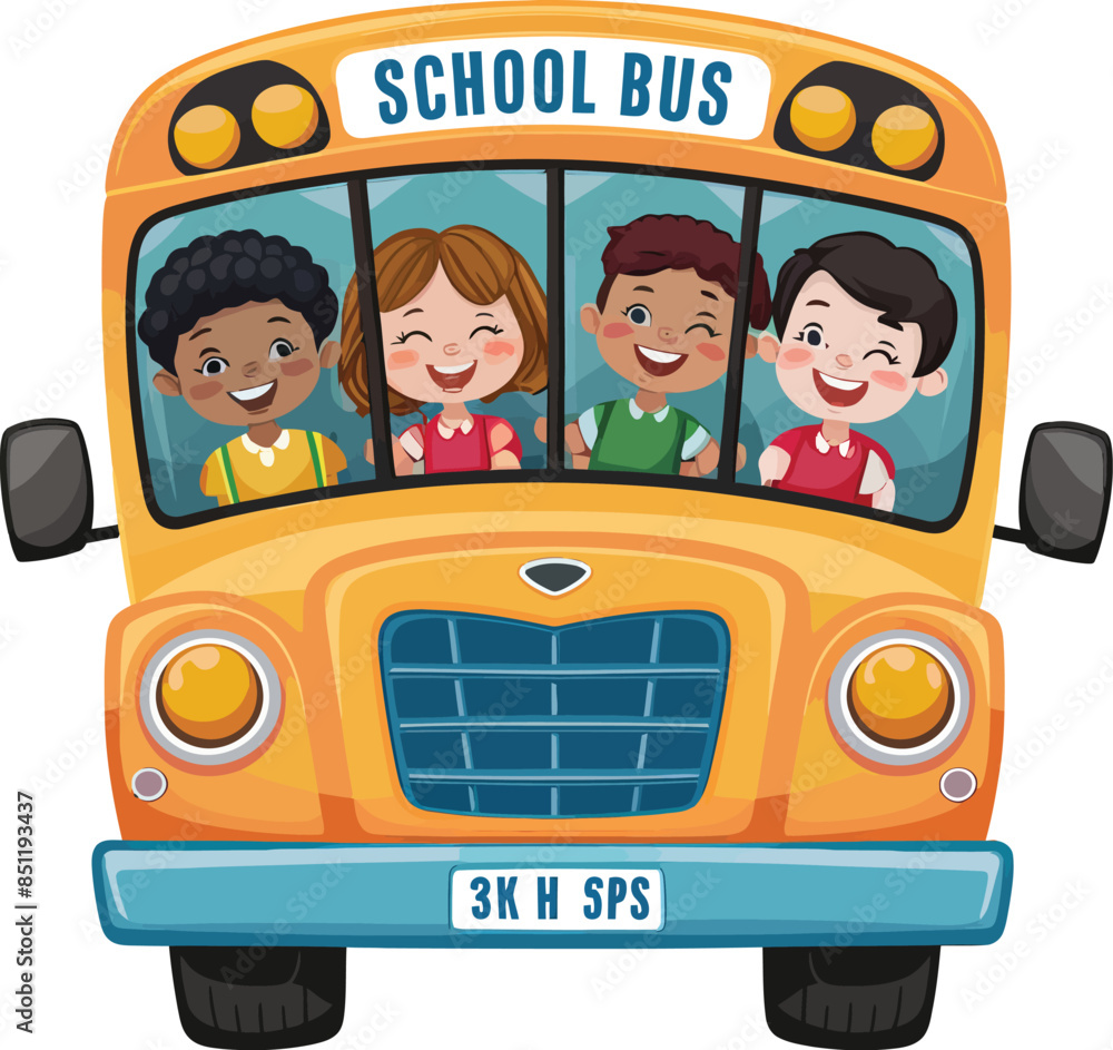 Cute happy School bus cartoon with children character on white ...