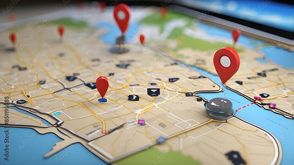 close up of a map of the city,map on the street,street map with a pin ...