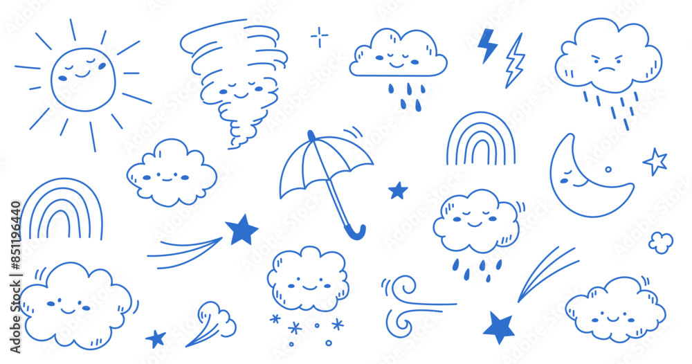 Cloud rain weather cartoon cute set. Cloud, sun, moon weather character ...