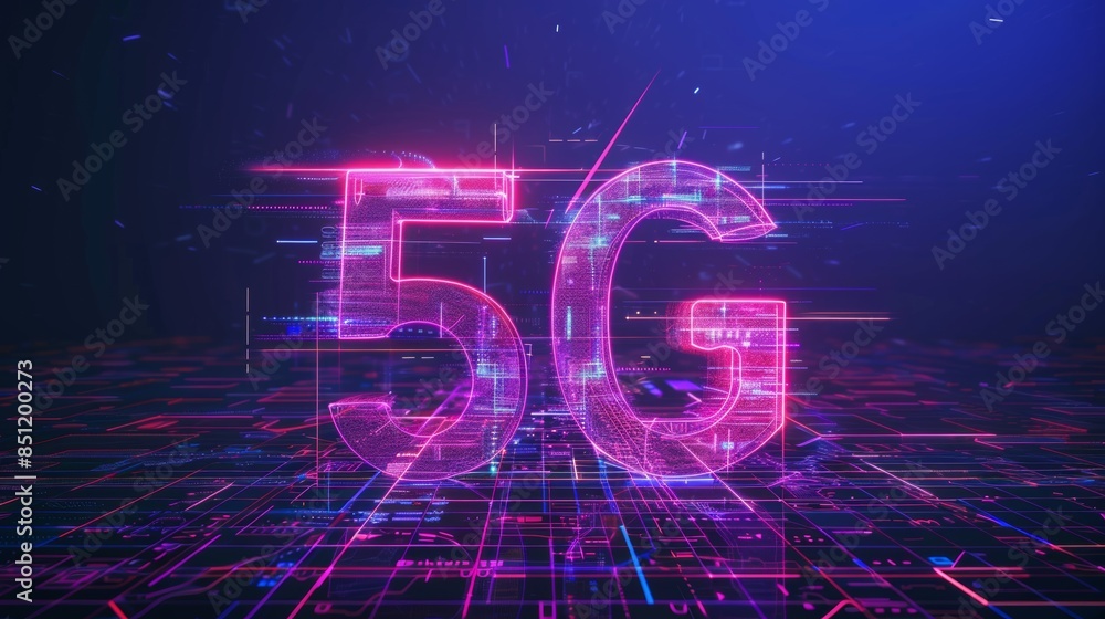 The image displays a digital representation of "5G" technology with ...