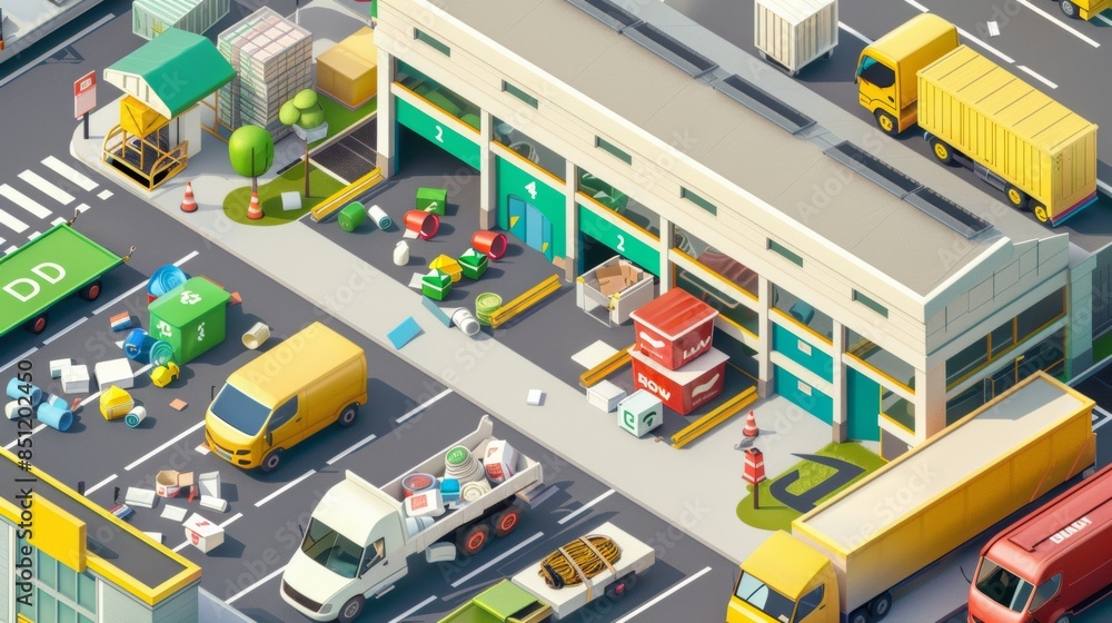 This image shows a busy warehouse area with multiple trucks, loaded ...
