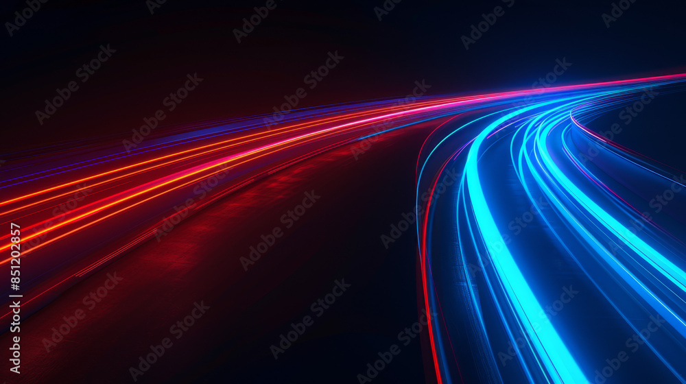 Abstract motion blur light trail background, blue and red neon color on black night sky for ...