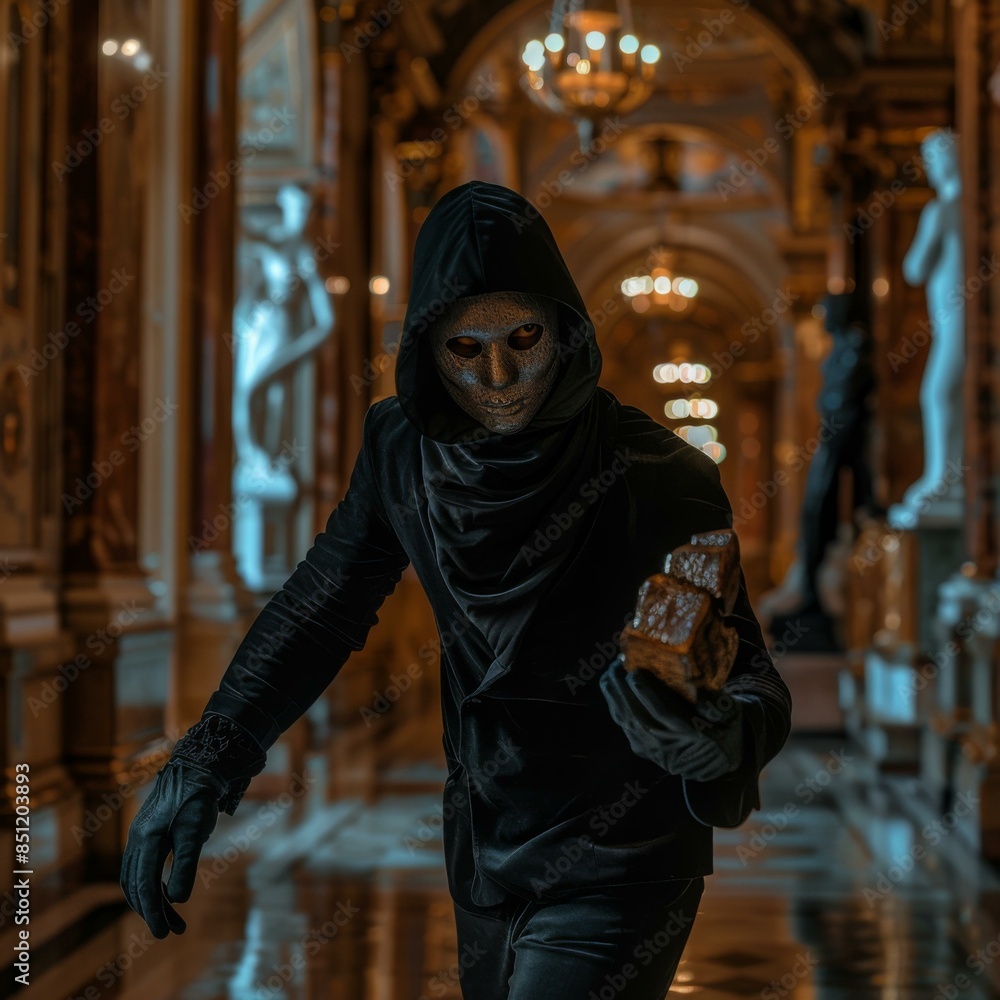 A masked man in a black suit runs through a grand hall carrying a ...