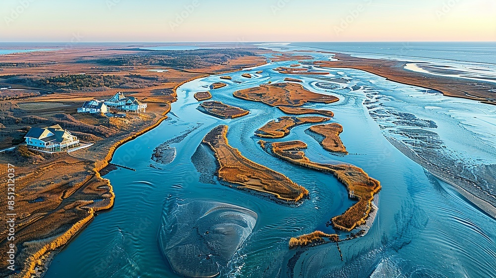 Aerial photograph of a coastal wetland at low tide, where the exposed ...