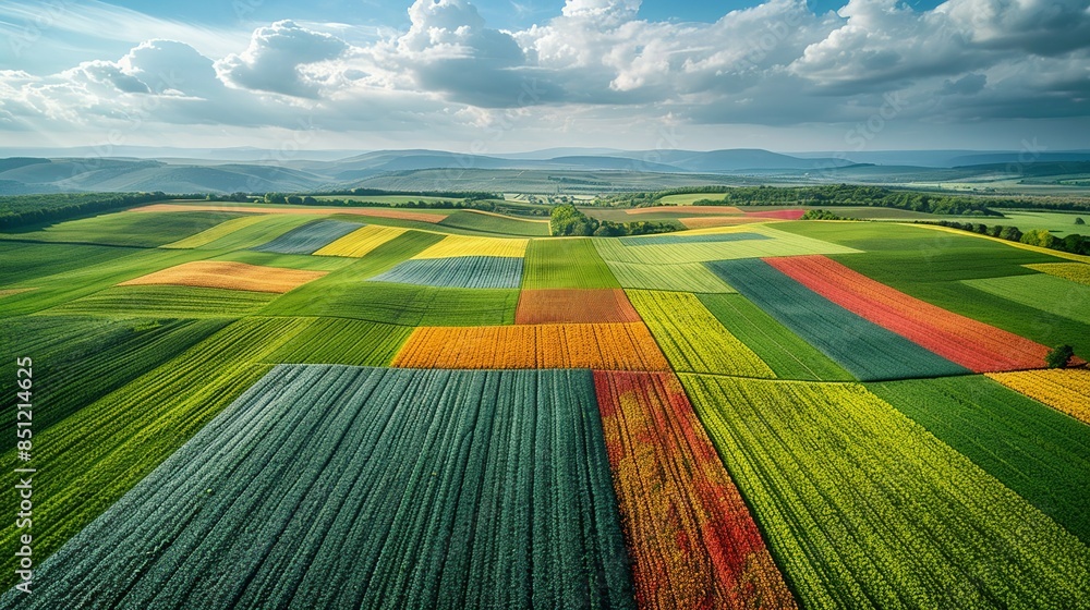 Close-up aerial view of agricultural fields, where the varying colors ...